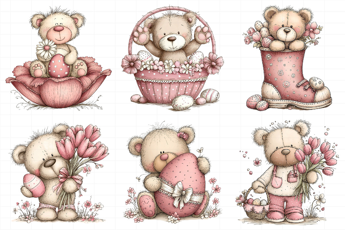 Whimsical Easter Teddy Bear Clipart, an Illustration by Daily.Designs