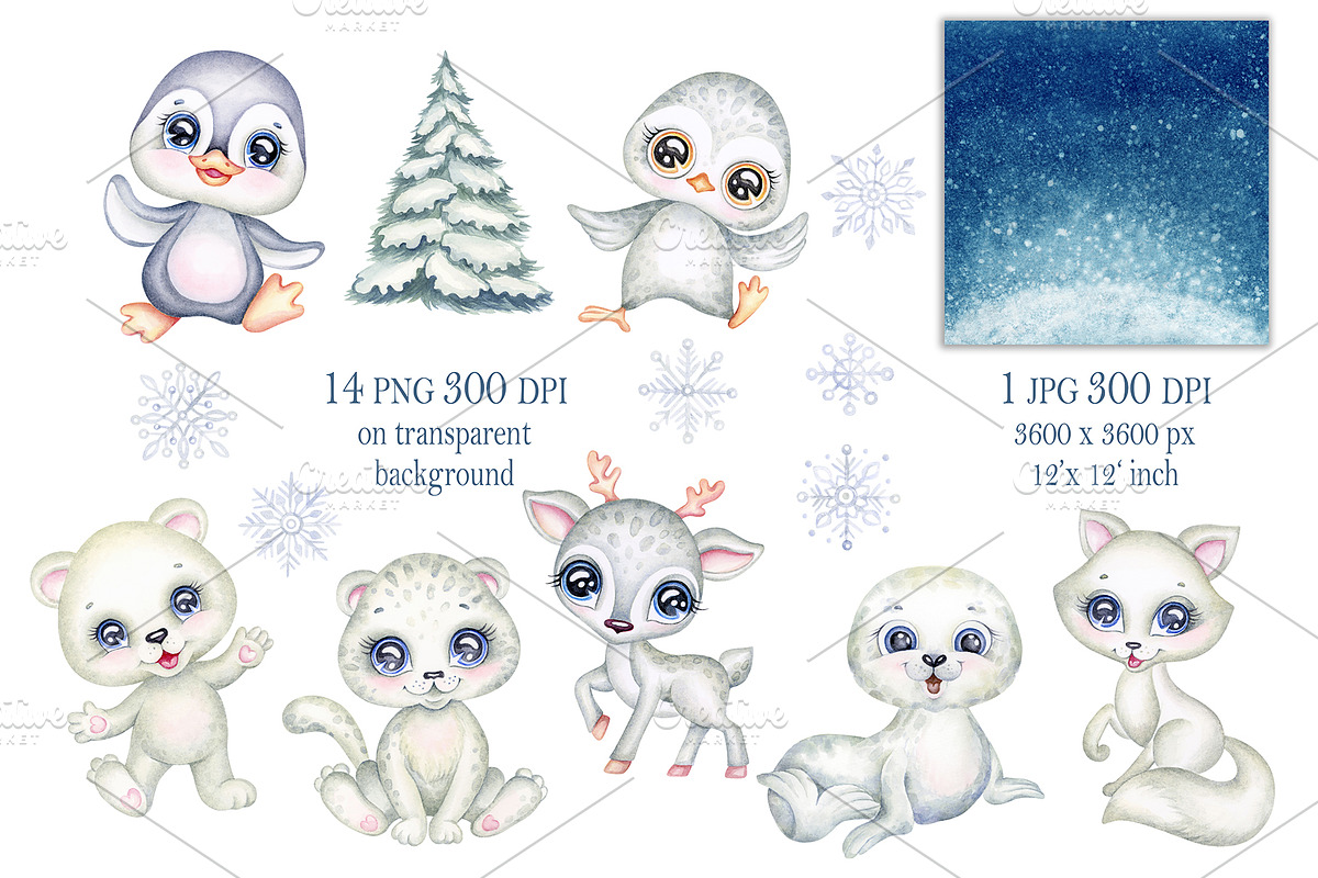 Set winter animals watercolor clipart | Creative Market