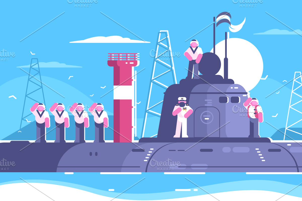Captain with crew on submarine, a Transportation Illustration by Kit8 ...