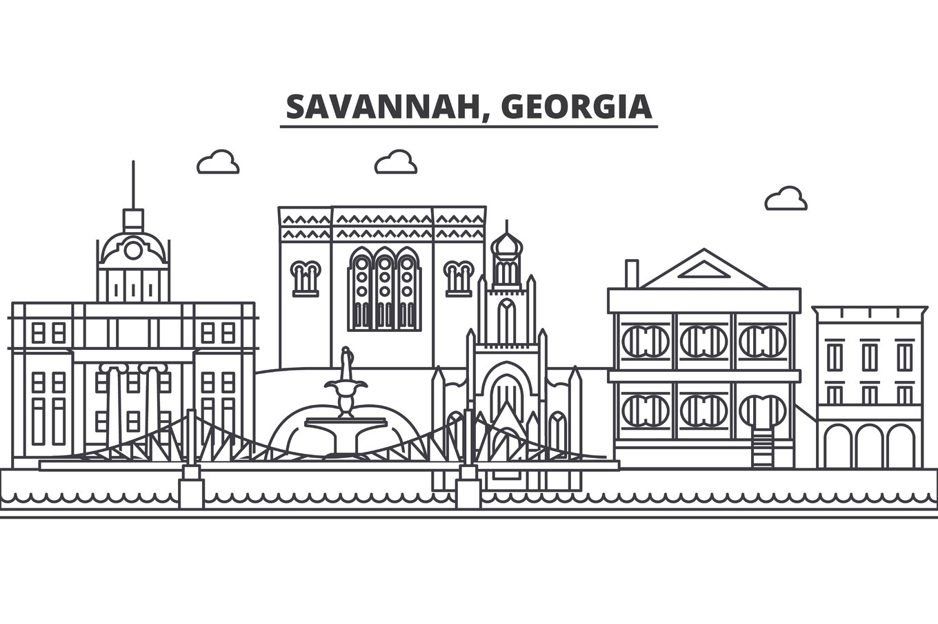 Savannah, Georgia architecture line skyline illustration. Linear vector ...