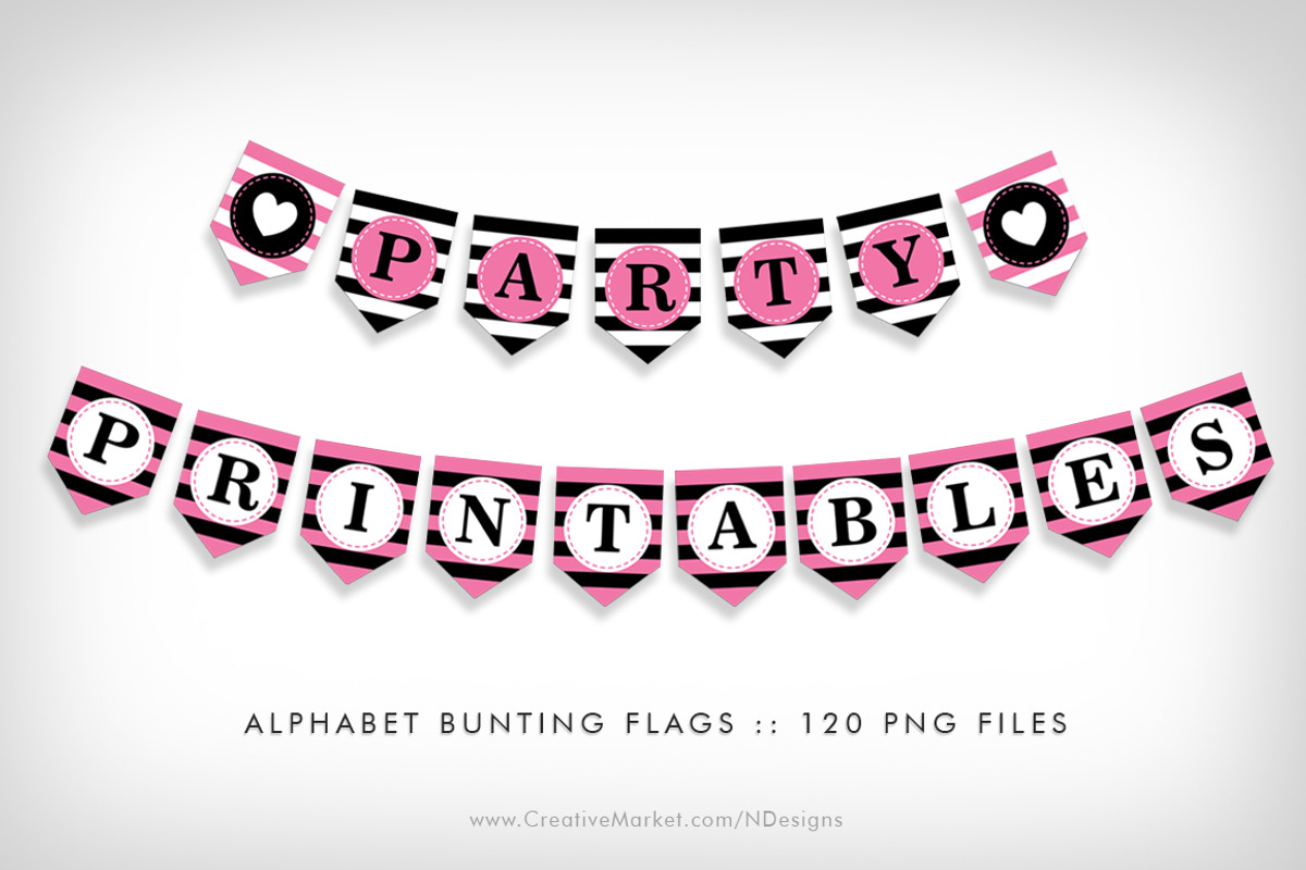 Pink Bunting Flags Party Printables, a Flyer Template by NDesigns
