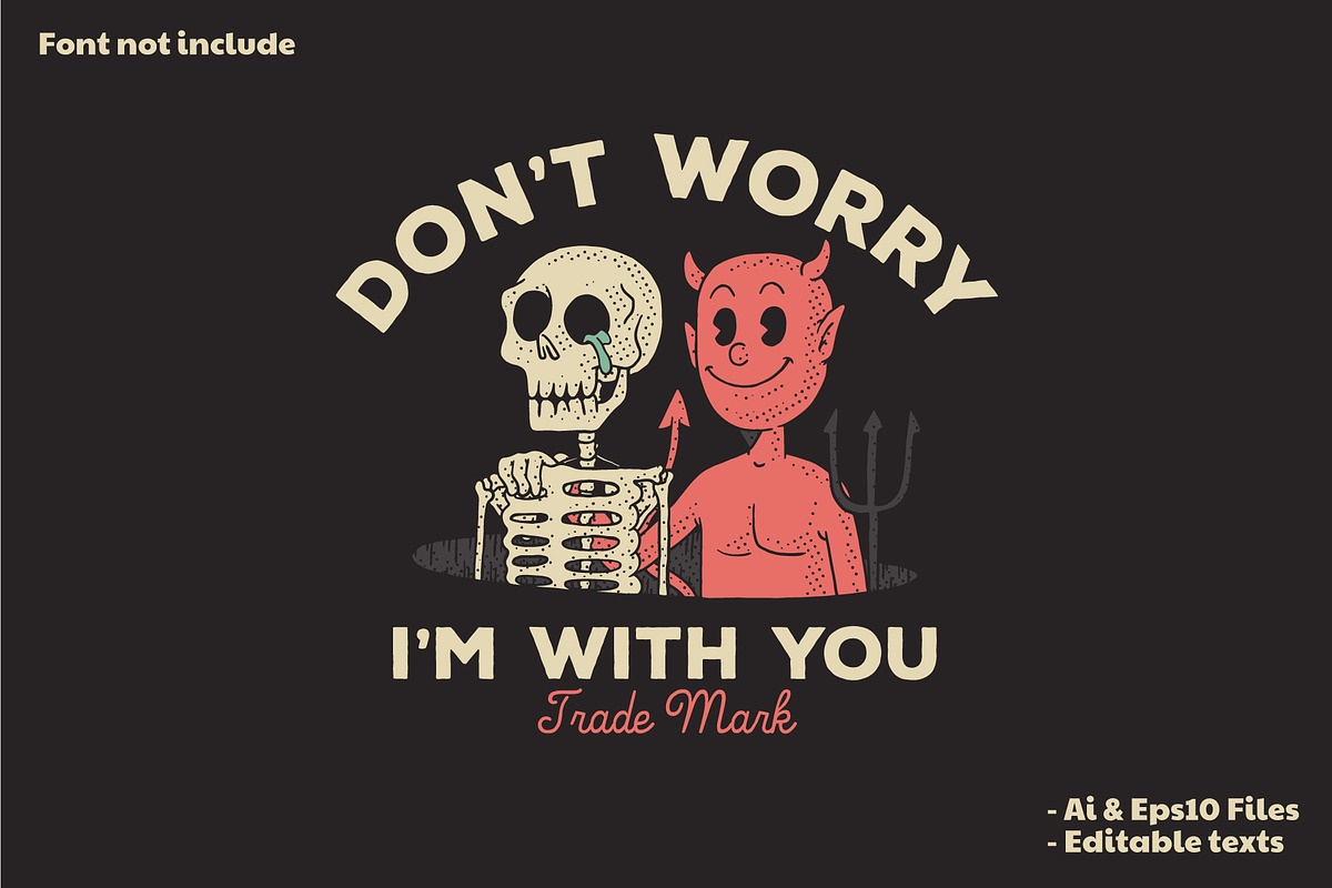 Cartoon devil hugs skeleton mascot, a Decorative Illustration by Judsart