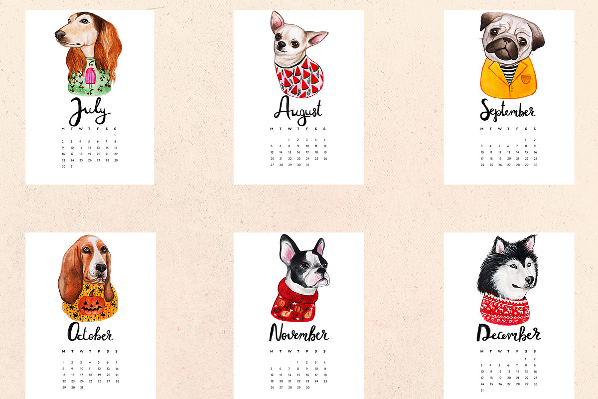 Watercolor Cute Dogs+Calendar, an Animal Illustration by Miracles ...