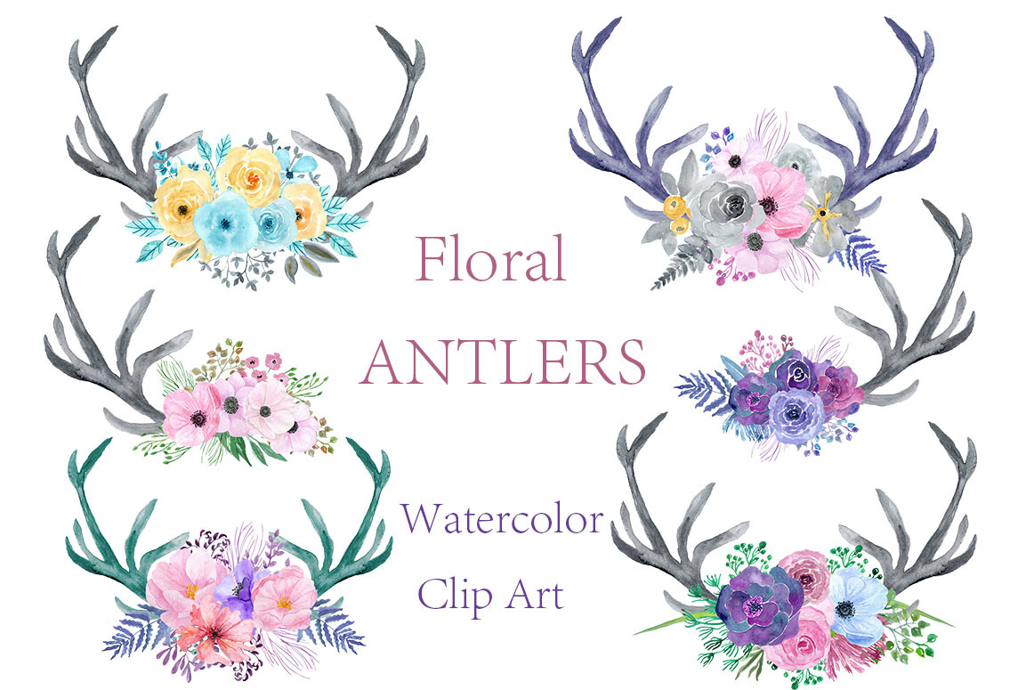 Watercolor floral antlers clipart, an Illustration by chilipapers