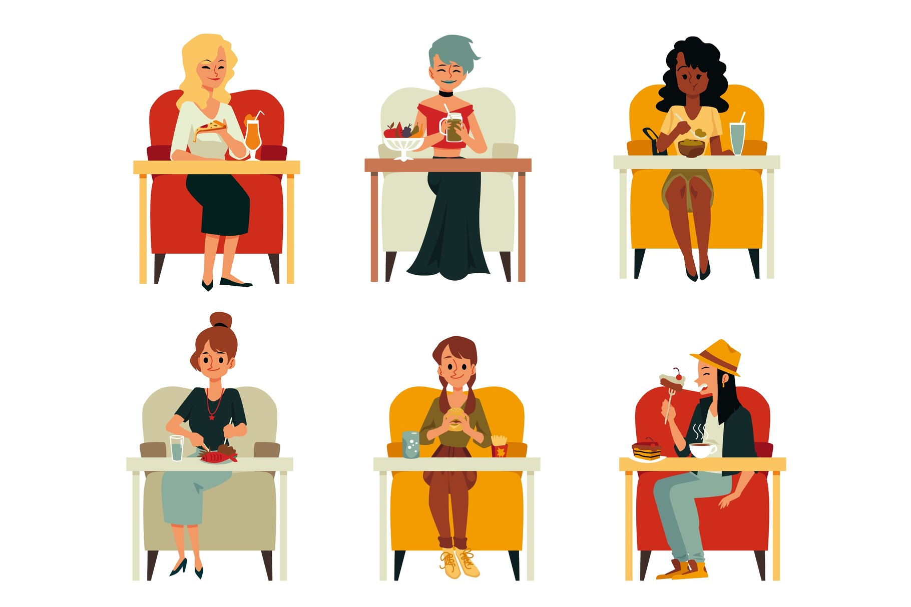 Cartoon women eating food - isolated | Food Illustrations ~ Creative Market