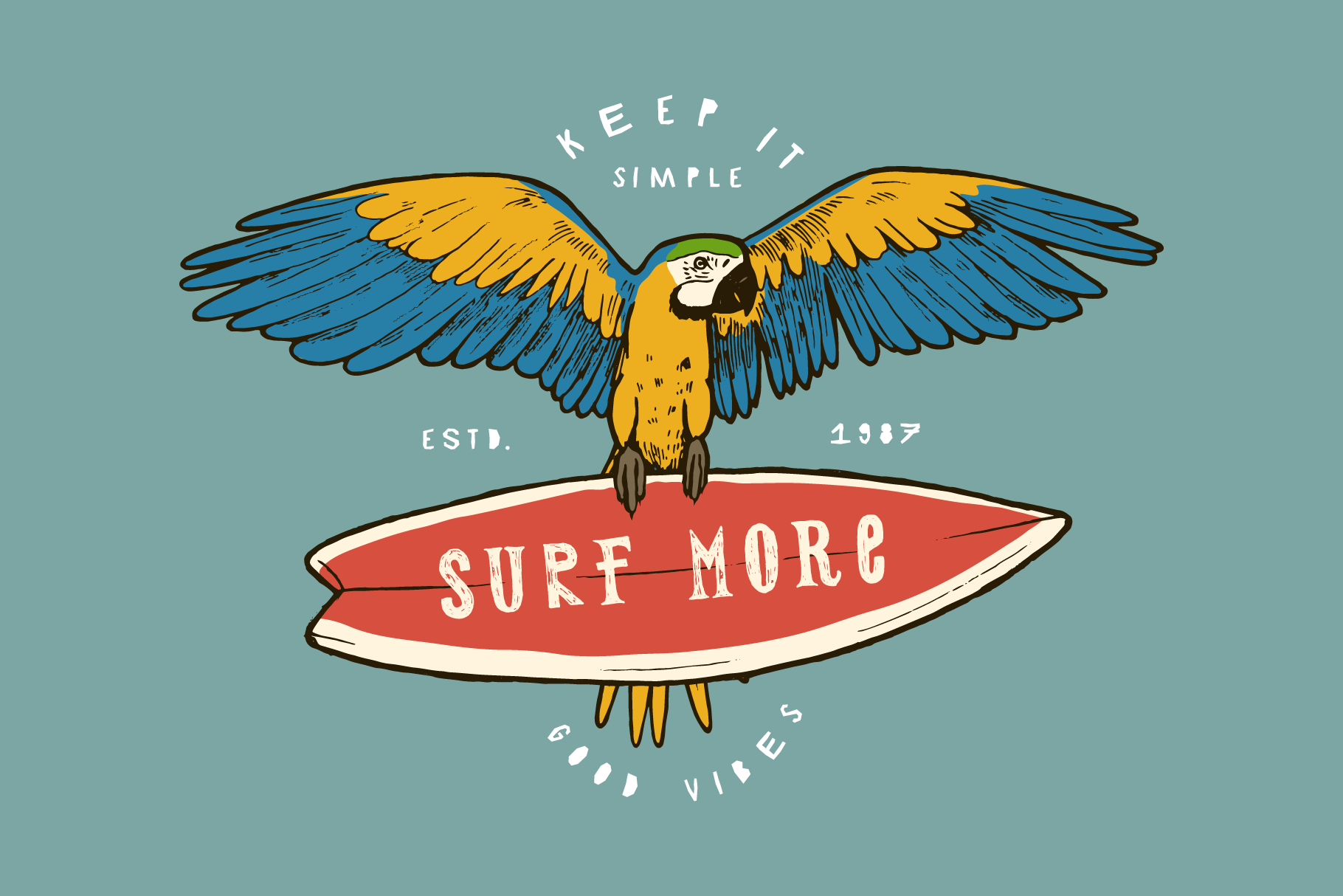 Surfing Parrot, an Illustration by hand draw