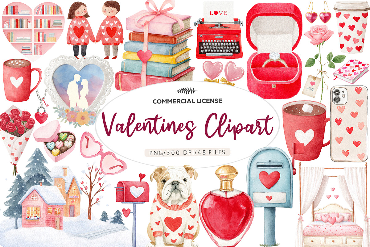 Watercolor Valentines Clipart, an Illustration by CreationArt
