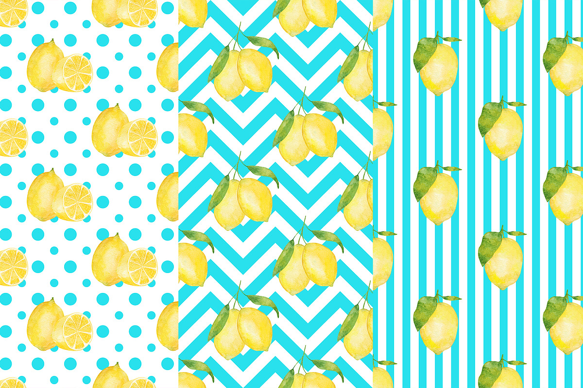 Watercolor Lemons Digital Papers, a Pattern Graphic by BonaDesigns ...
