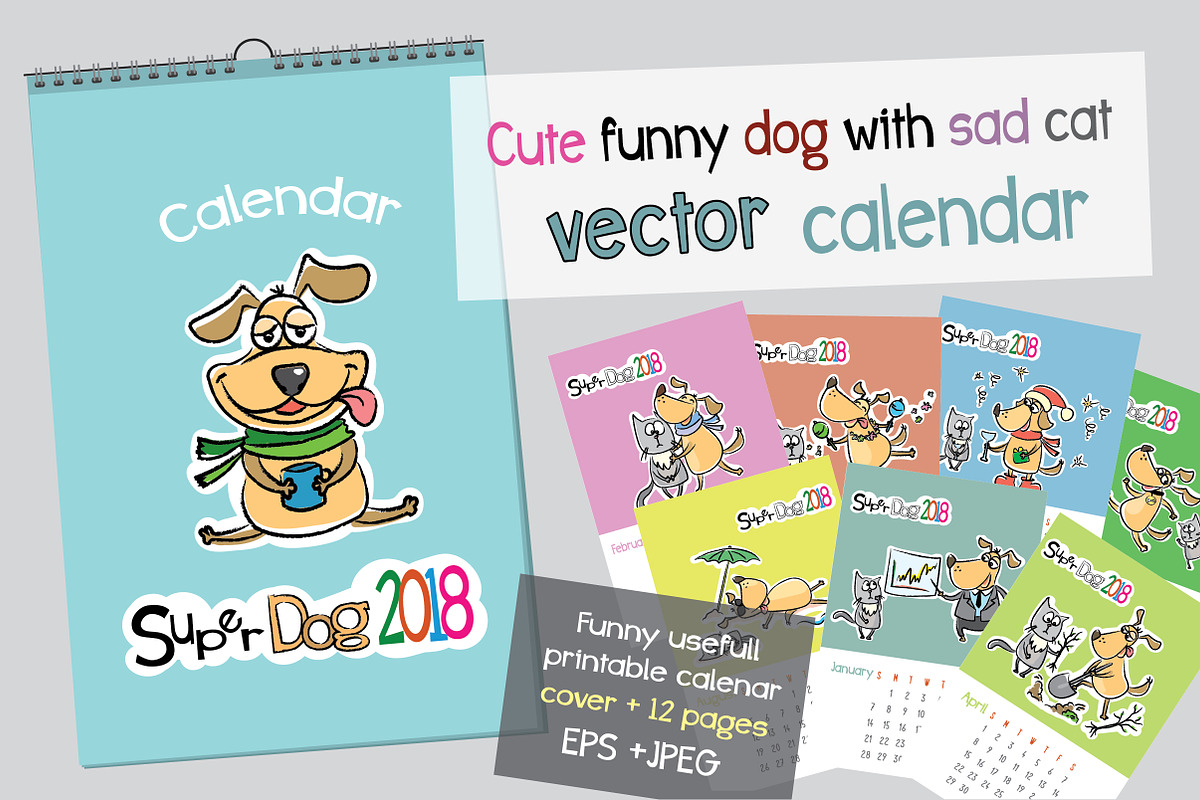 Cute funny dog calendar 2018, an Animal Illustration by naum_studio