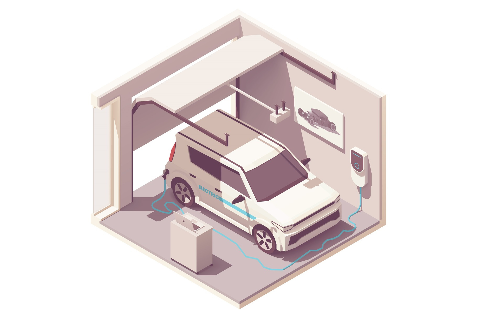 Vector garage and electric vehicle, a Technology Illustration by tele52