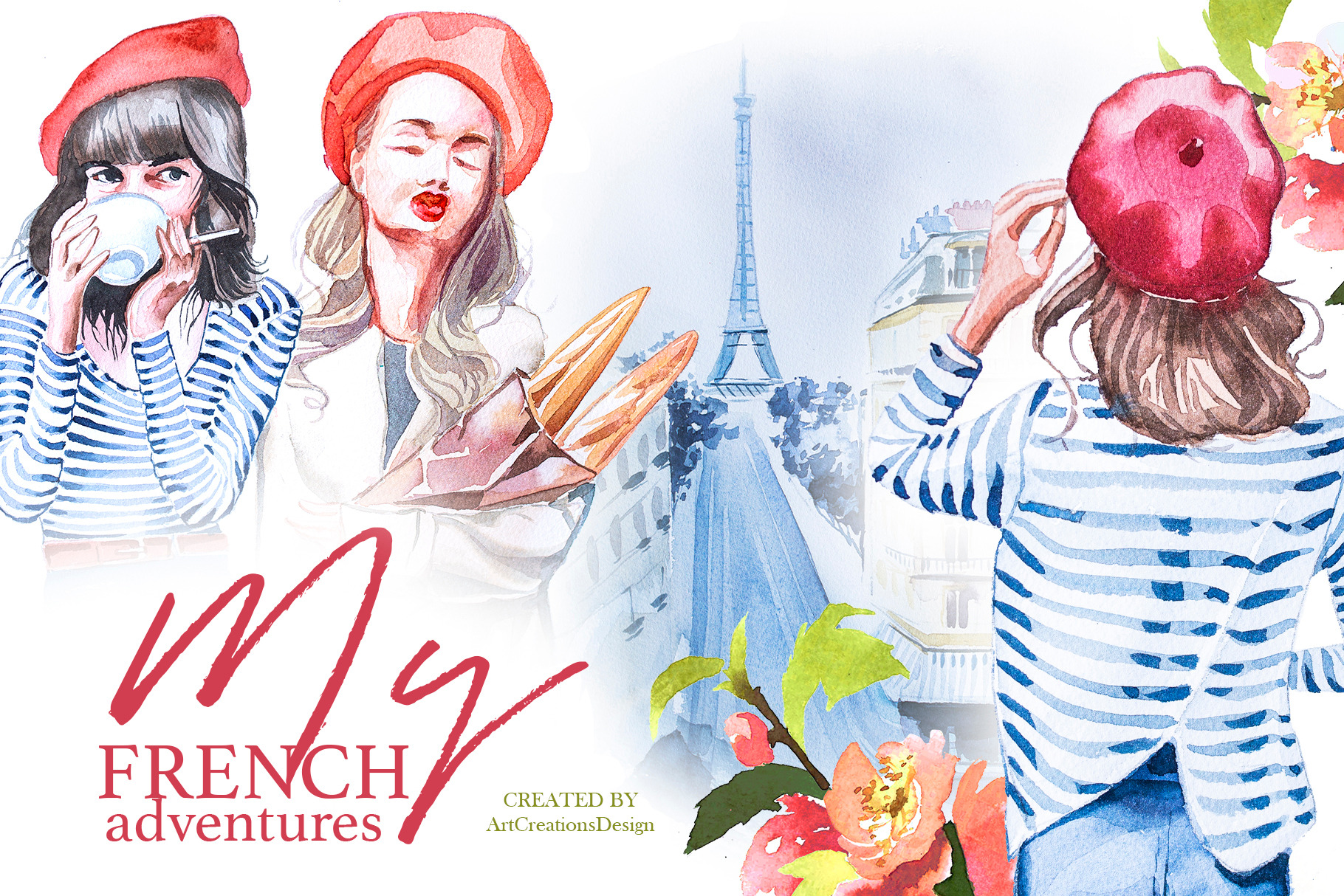 Watercolor French Adventures Clipart, a Person Illustration by ...