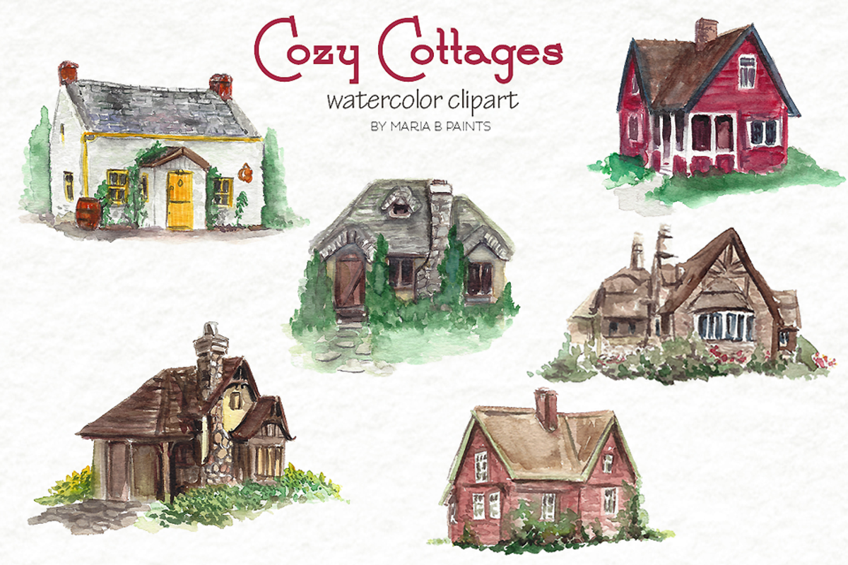 Watercolor Clip Art - Cottages, an Illustration by Maria B. Paints