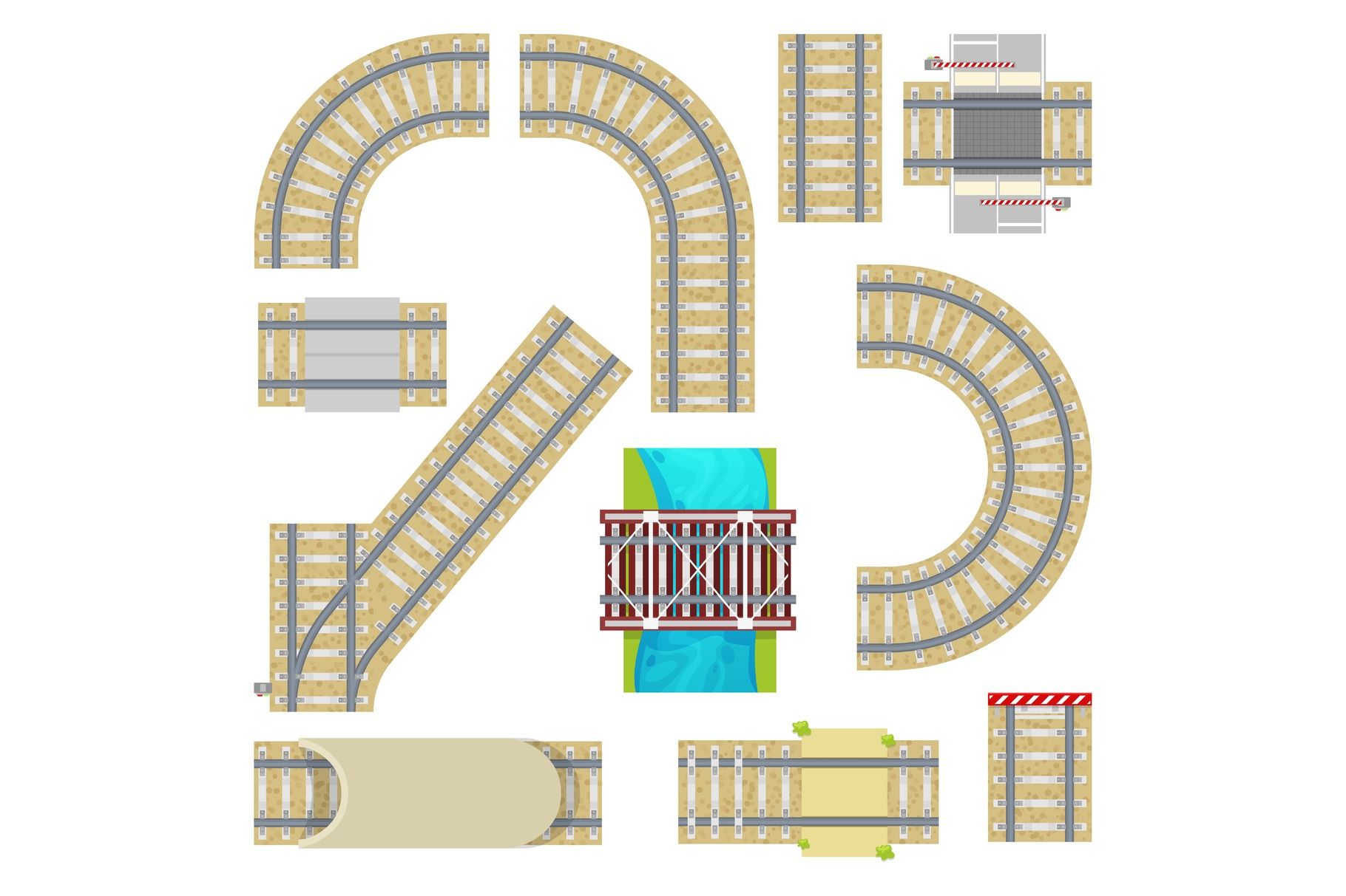 Railway vector railroad tracks top view curvy road straight rail or way ...