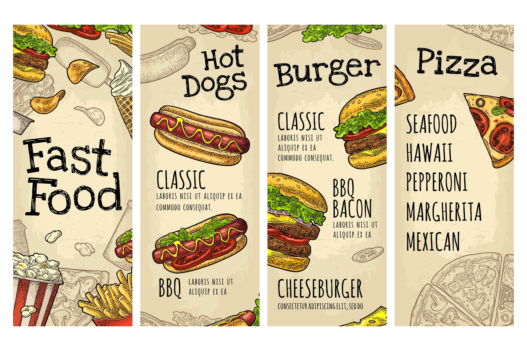 Menu Fast FOOD engraving, a Food Illustration by MoreVector