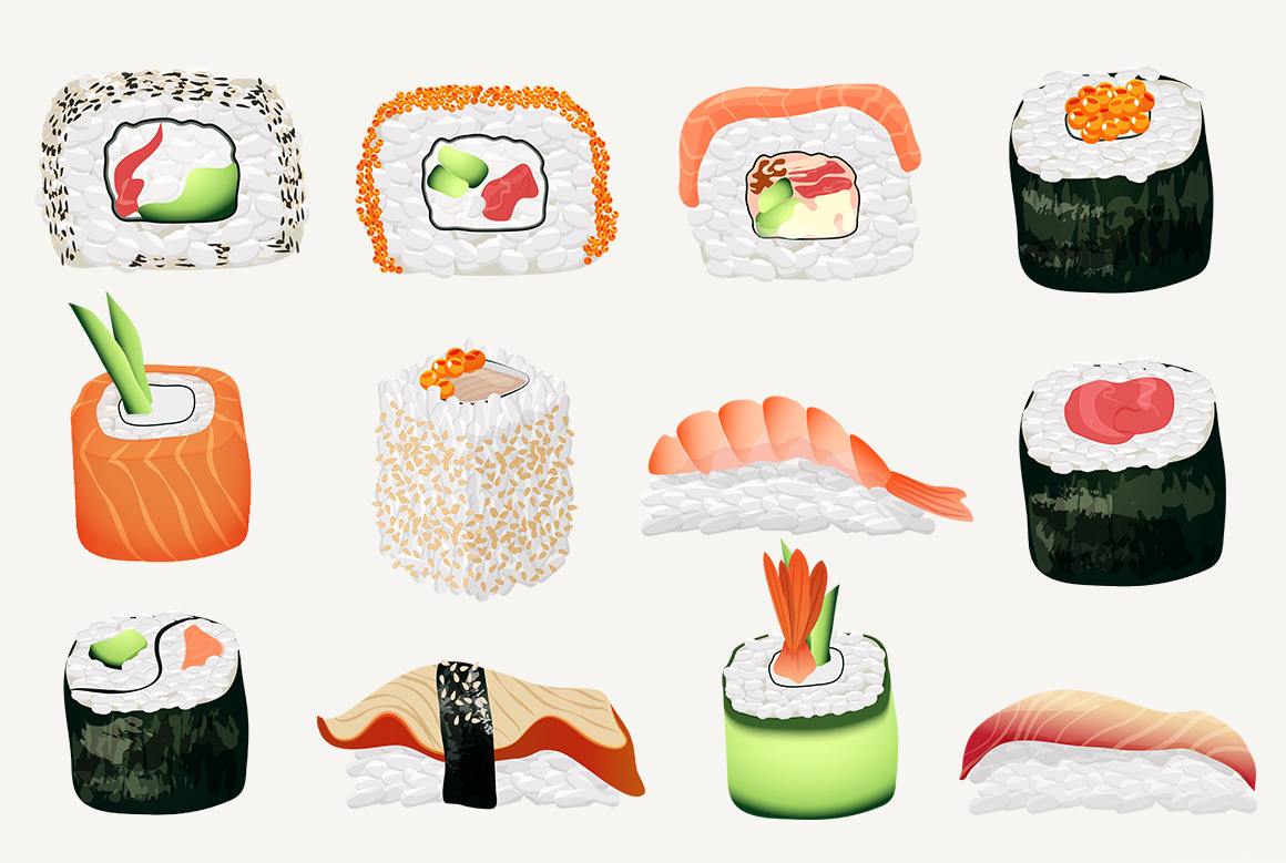 Japanese seafood sushi rolls + bonus, a Graphic by Lemberg Vector