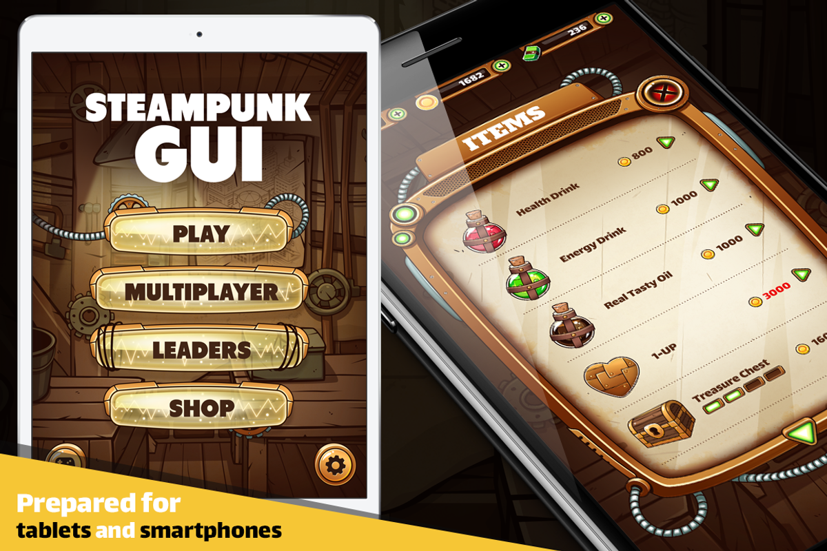 Steampunk GUI for Mobile Game, an Illustration by wowu