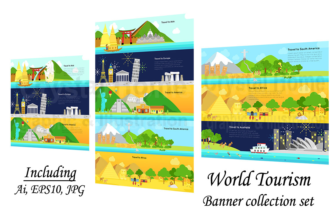 World continent tourism banner pack!, a Person Illustration by Crytal ...