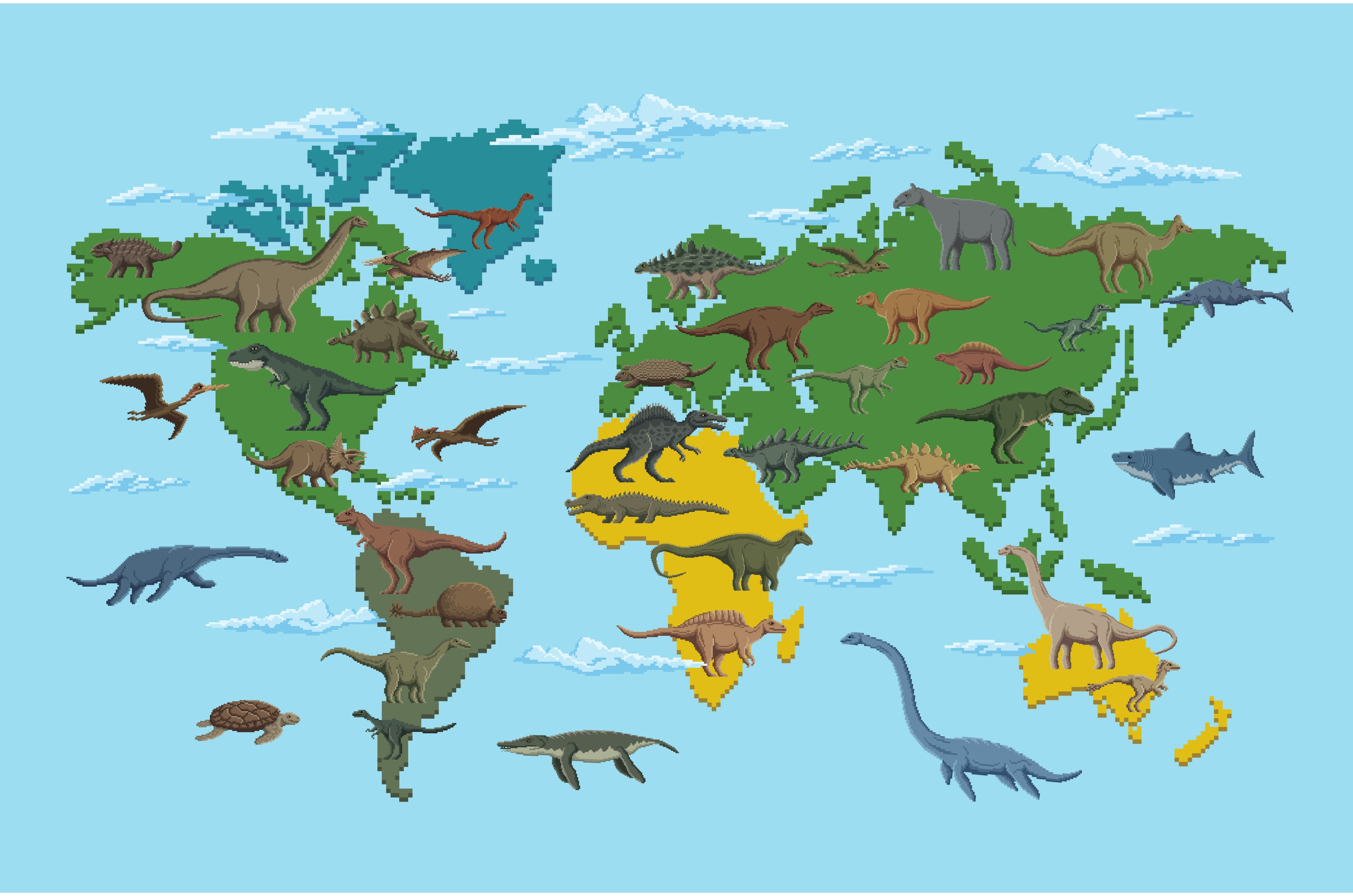 8 bit pixel art prehistoric dino map, an Animal Illustration by Vector ...