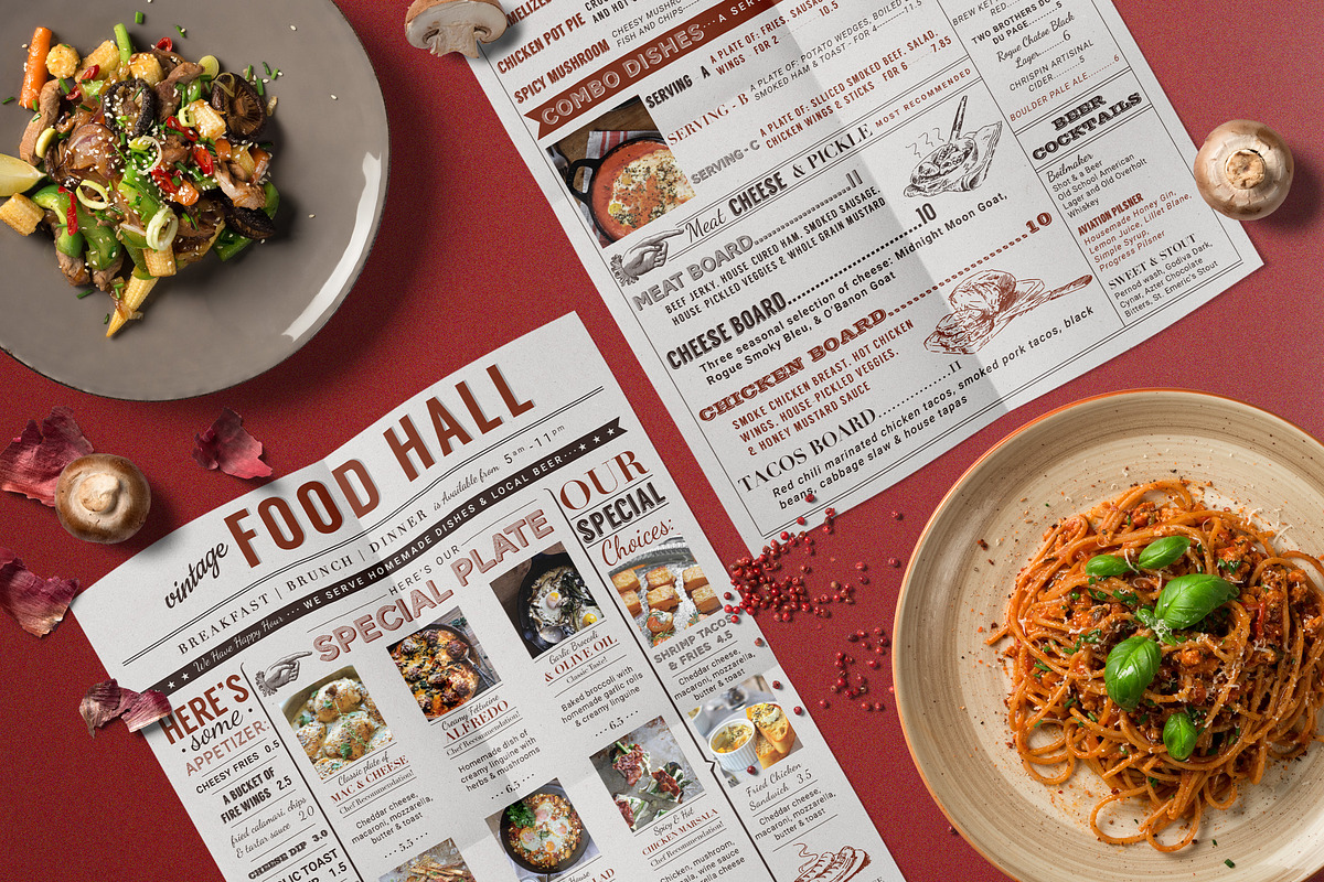 Newspaper Food Menu, a Flyer Template by BlueRobinStudio