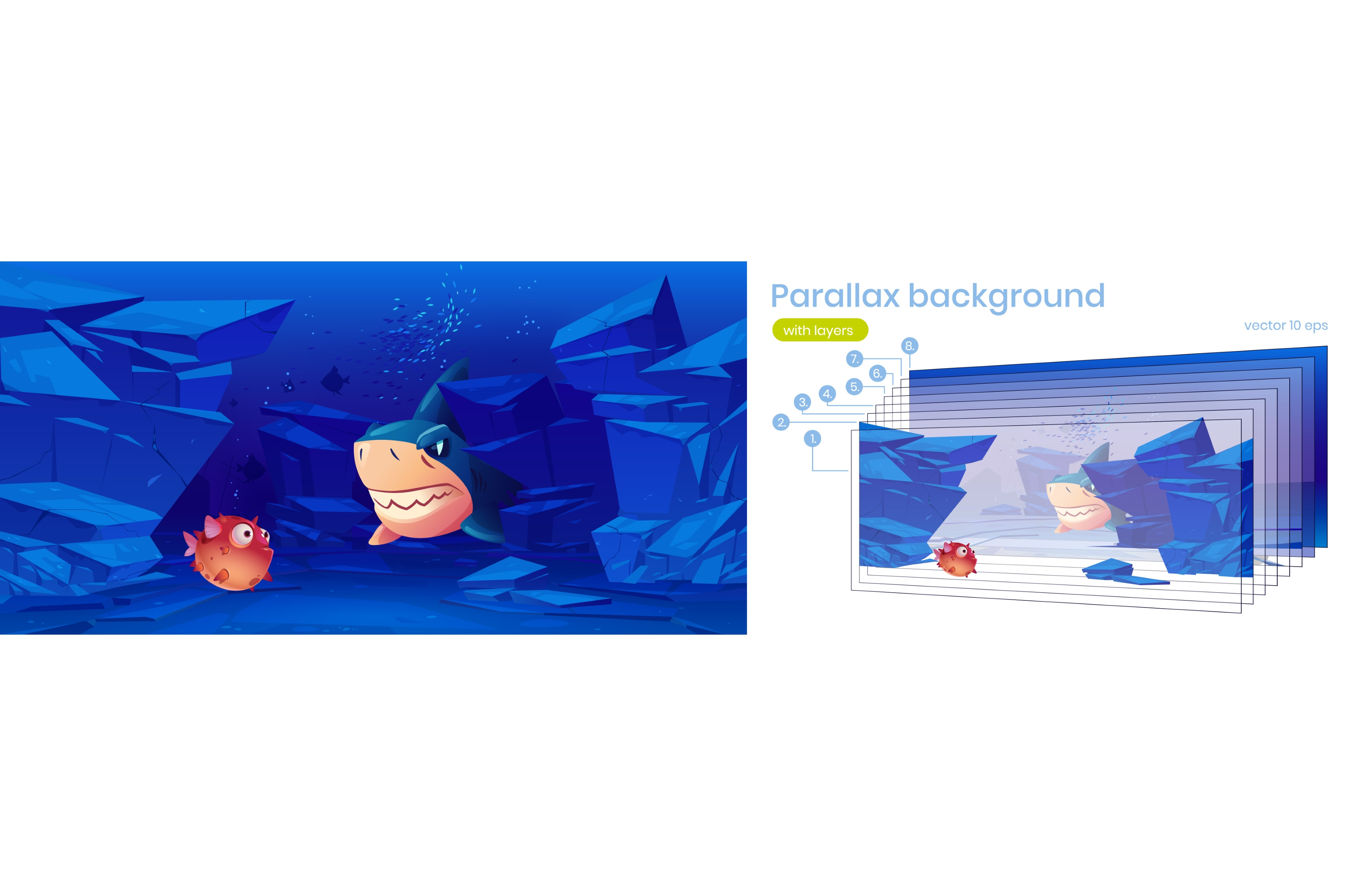 Parallax background with puffer fish, an Illustration by art PVP - market