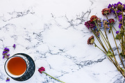 Tea and flowers on white marble | Food Images ~ Creative Market