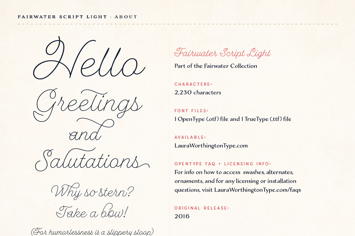 Fairwater Script Light, a Script Font by Laura Worthington