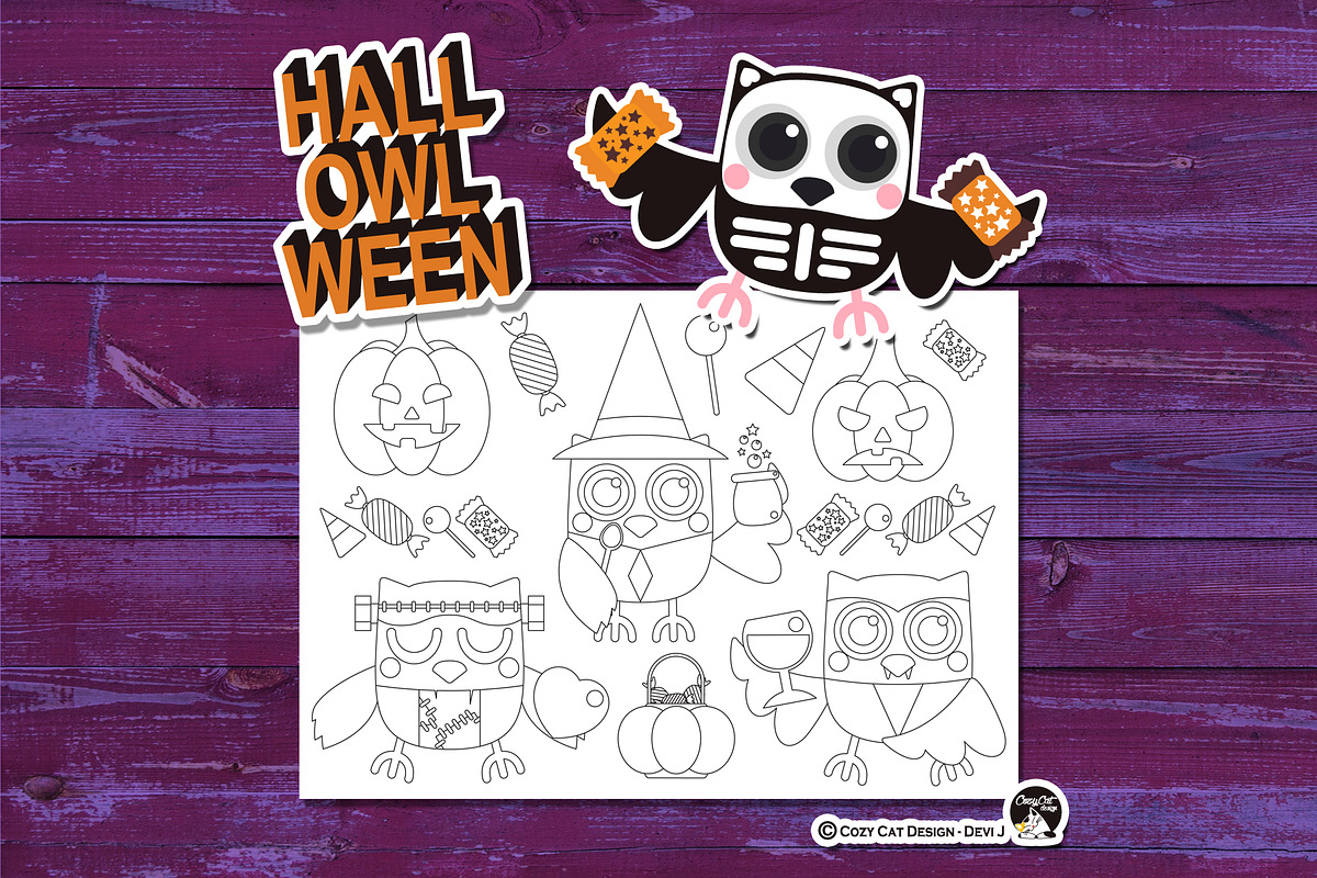 Owl Halloween Coloring Pages, an Illustration by Cozy Cat Design