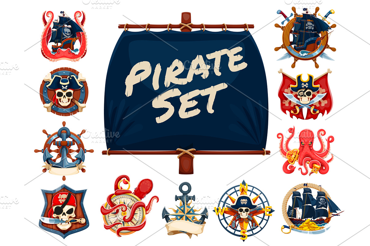 Cartoon pirate heraldry icons, a Transportation Illustration by Vector ...