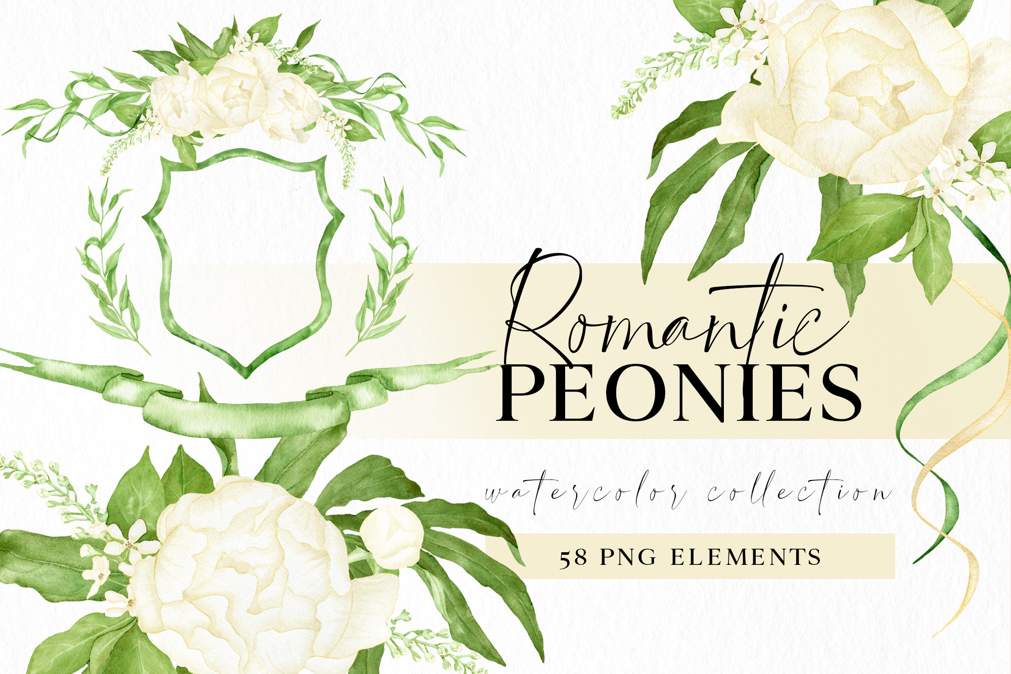 White peony floral crest clipart, an Illustration by Ksenia Shmakova
