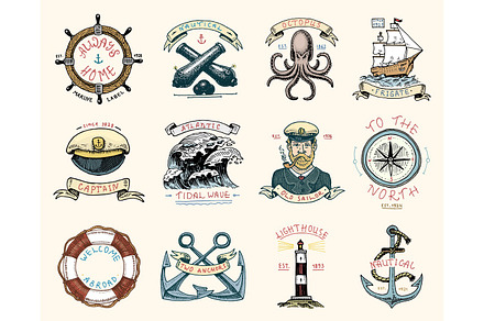 set of engraved vintage, hand drawn, old, labels or badges for atlantic ...