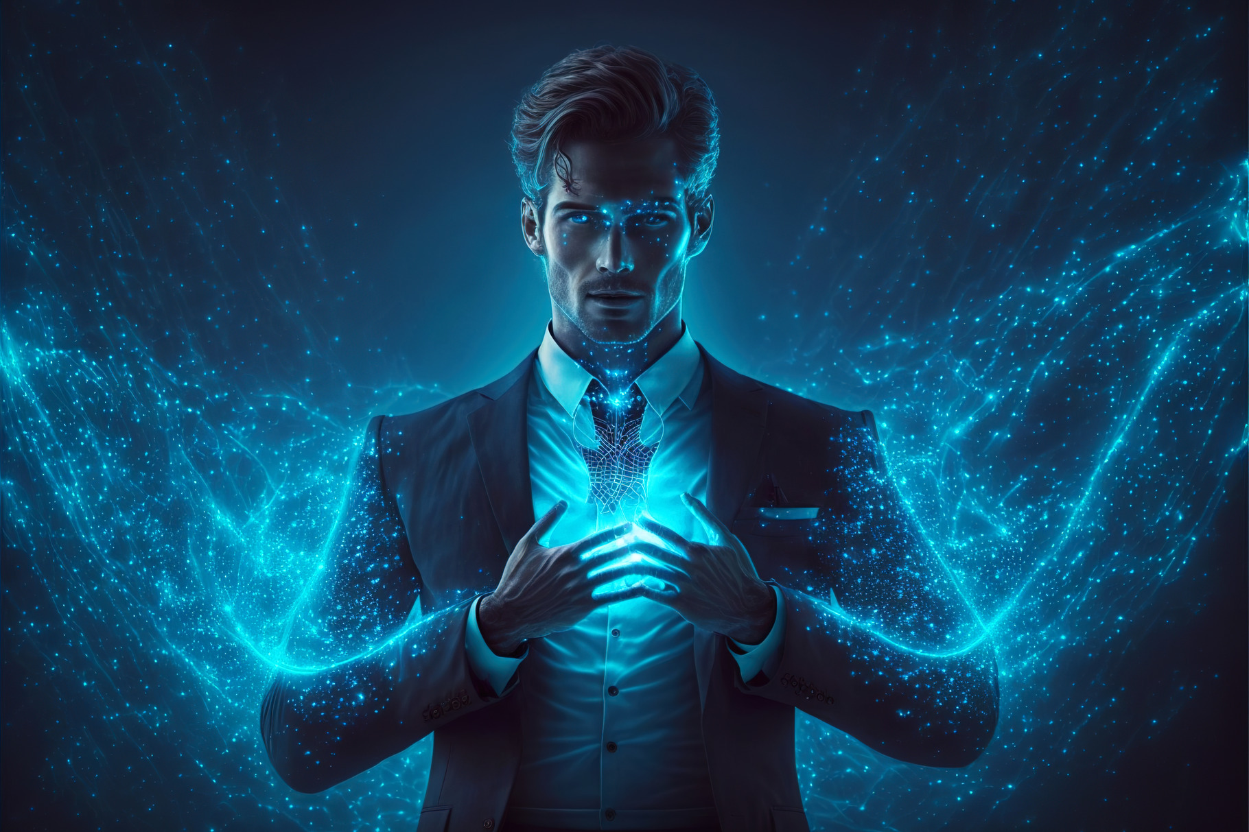 Man controls cyber energy, an Illustration by Lopatin Photo