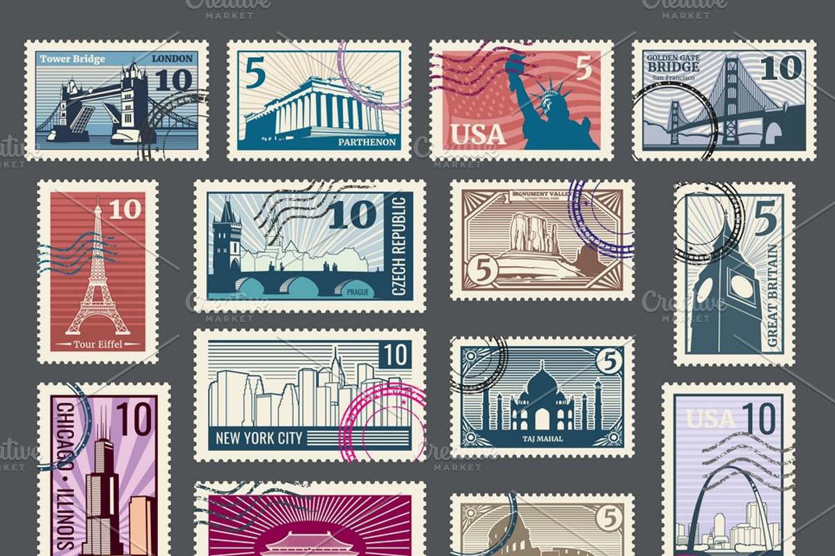 Travel stamp with world landmarks, an Object Illustration by Microvector