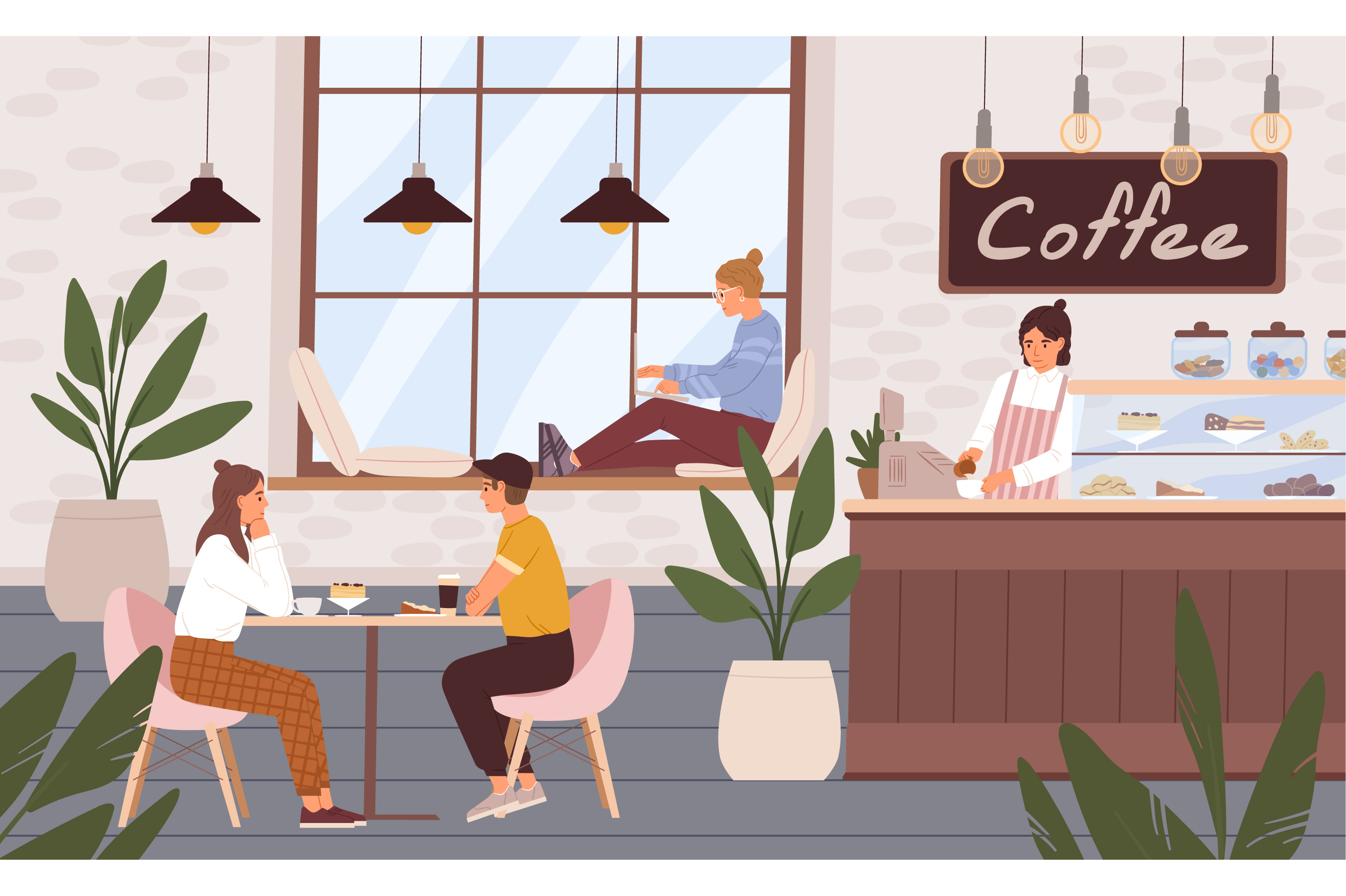 People resting in modern coffee shop, a Food Illustration by Good Studio