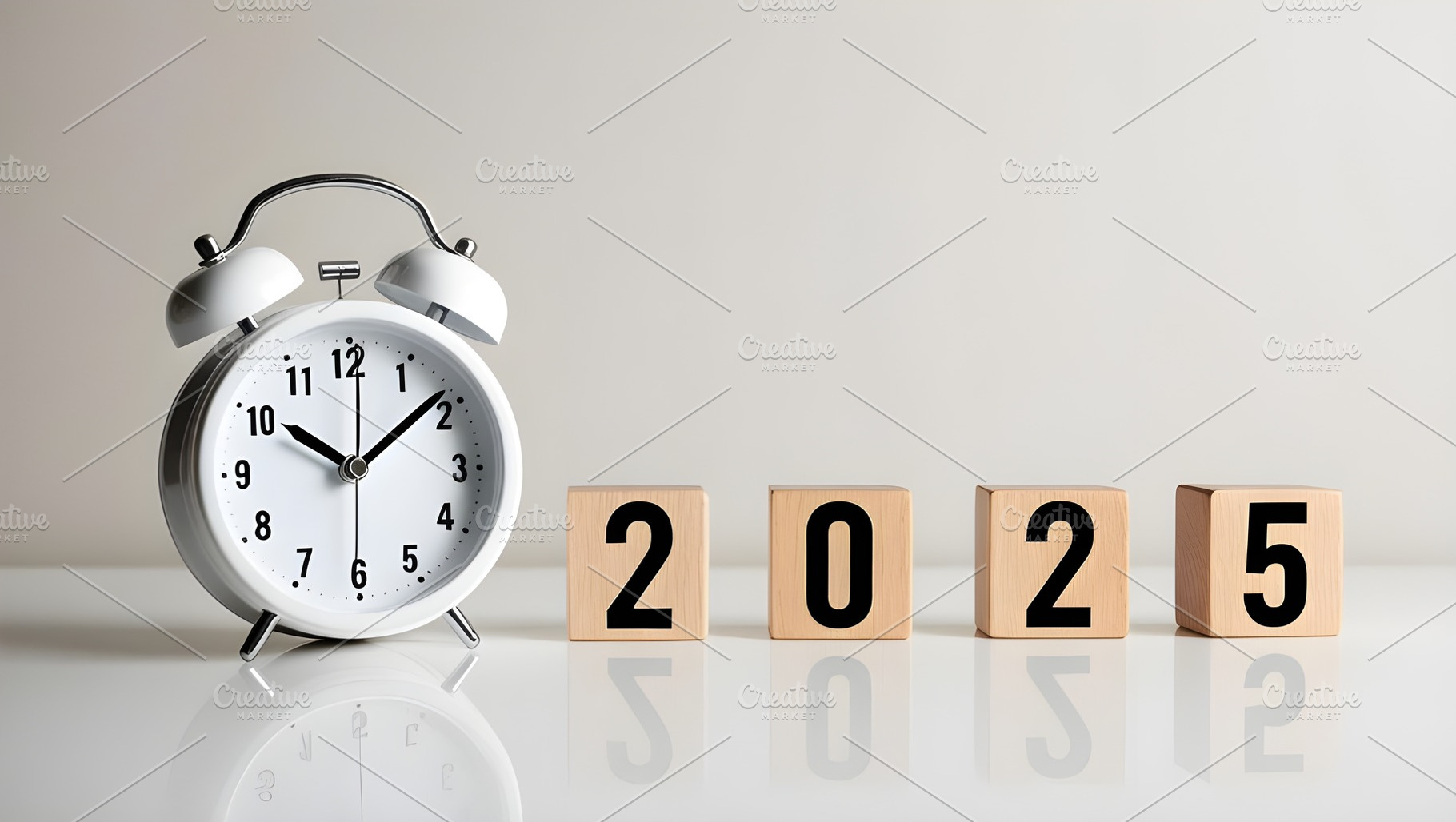 2025 on Wooden Blocks and Alarm Clock