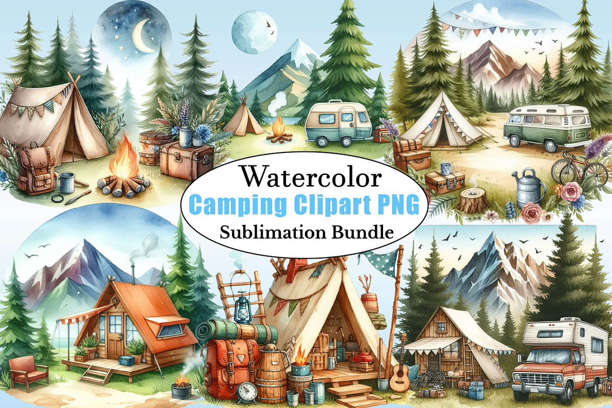 Watercolor Camping PNG Clipart, a Graphic by CitraGraphics