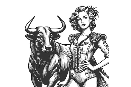 Lady with Bull in Traditional Dress, a Person Illustration by AlexArt