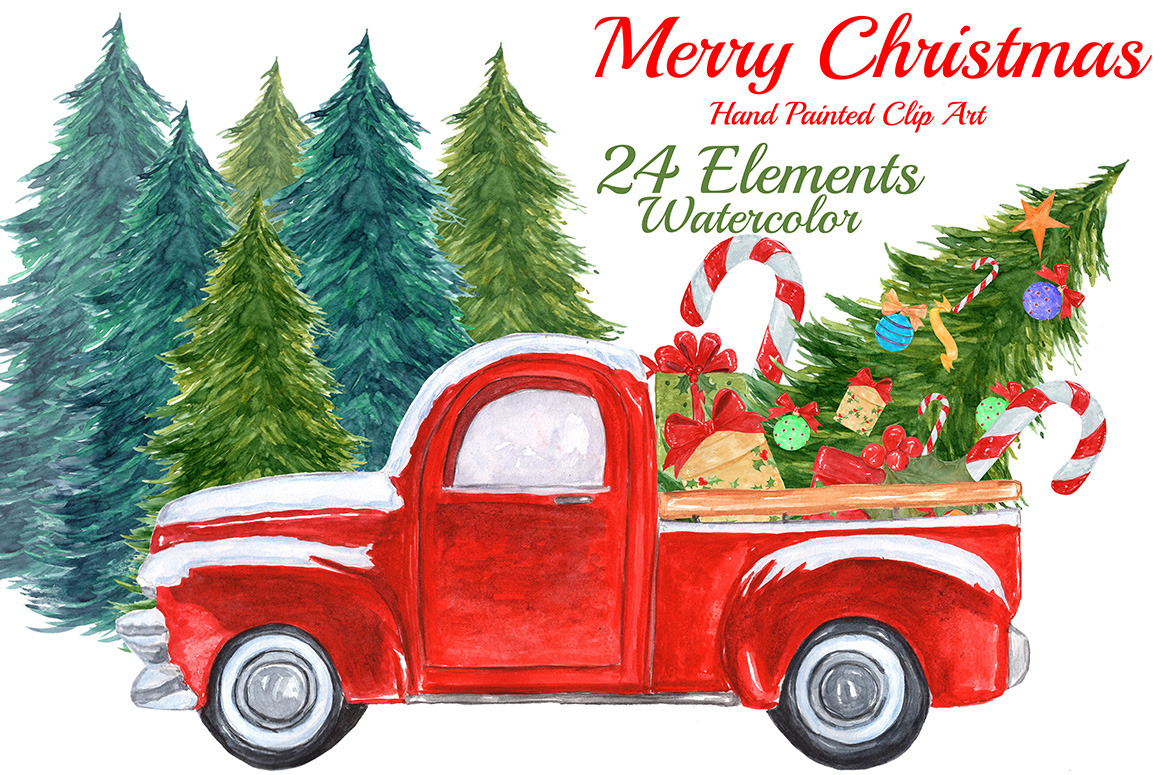 Watercolor Christmas truck clipart, an Illustration by vivastarkids