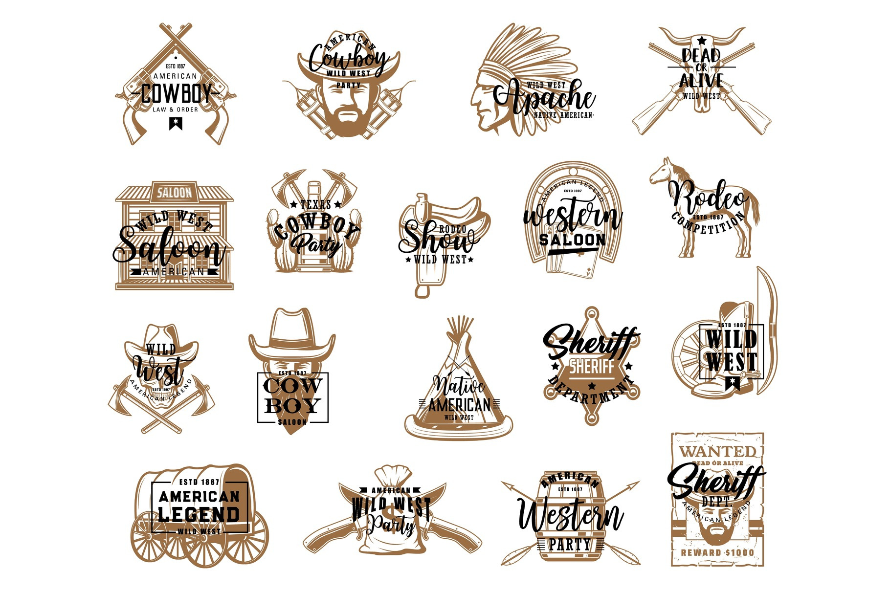 Western symbols. Wild west icons | People Illustrations ~ Creative Market
