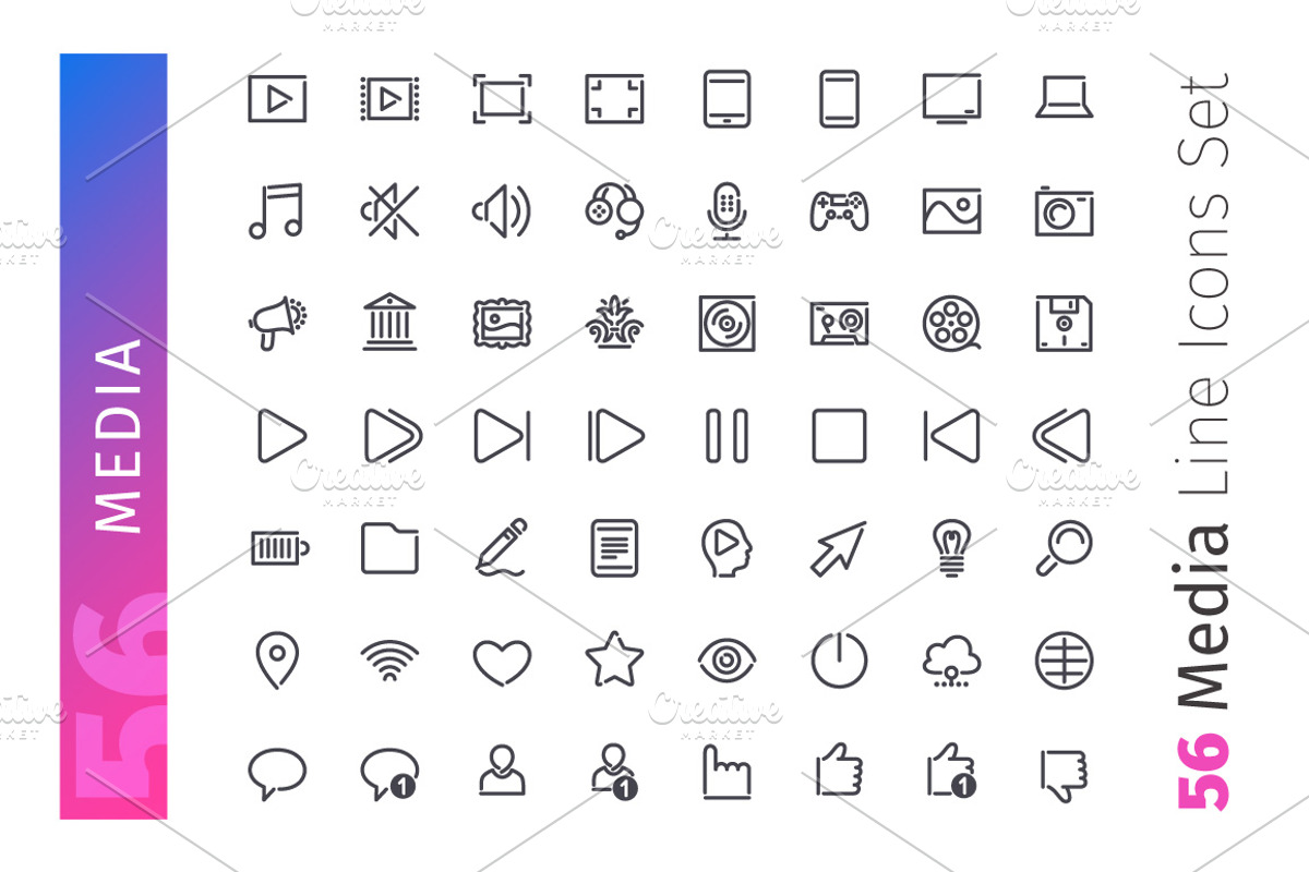 Media Line Icons Set, an Outline Icon by Voysla's Shop