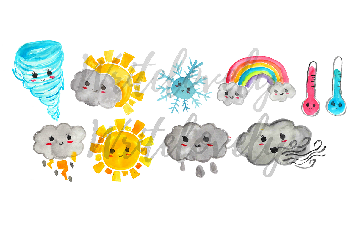 Watercolor Kawaii Weather Clipart, an Illustration by Writelovely ...