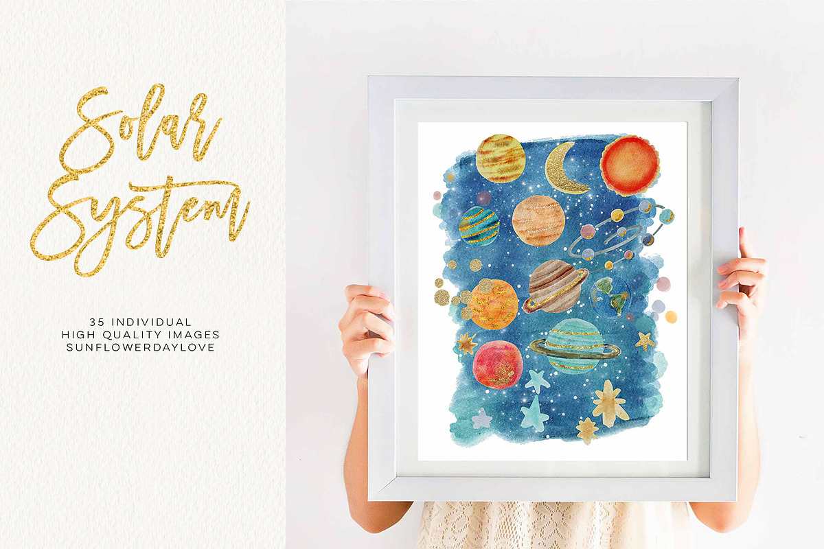 watercolor SOLAR SYSTEM clipart, an Illustration by Sunflower Day Love