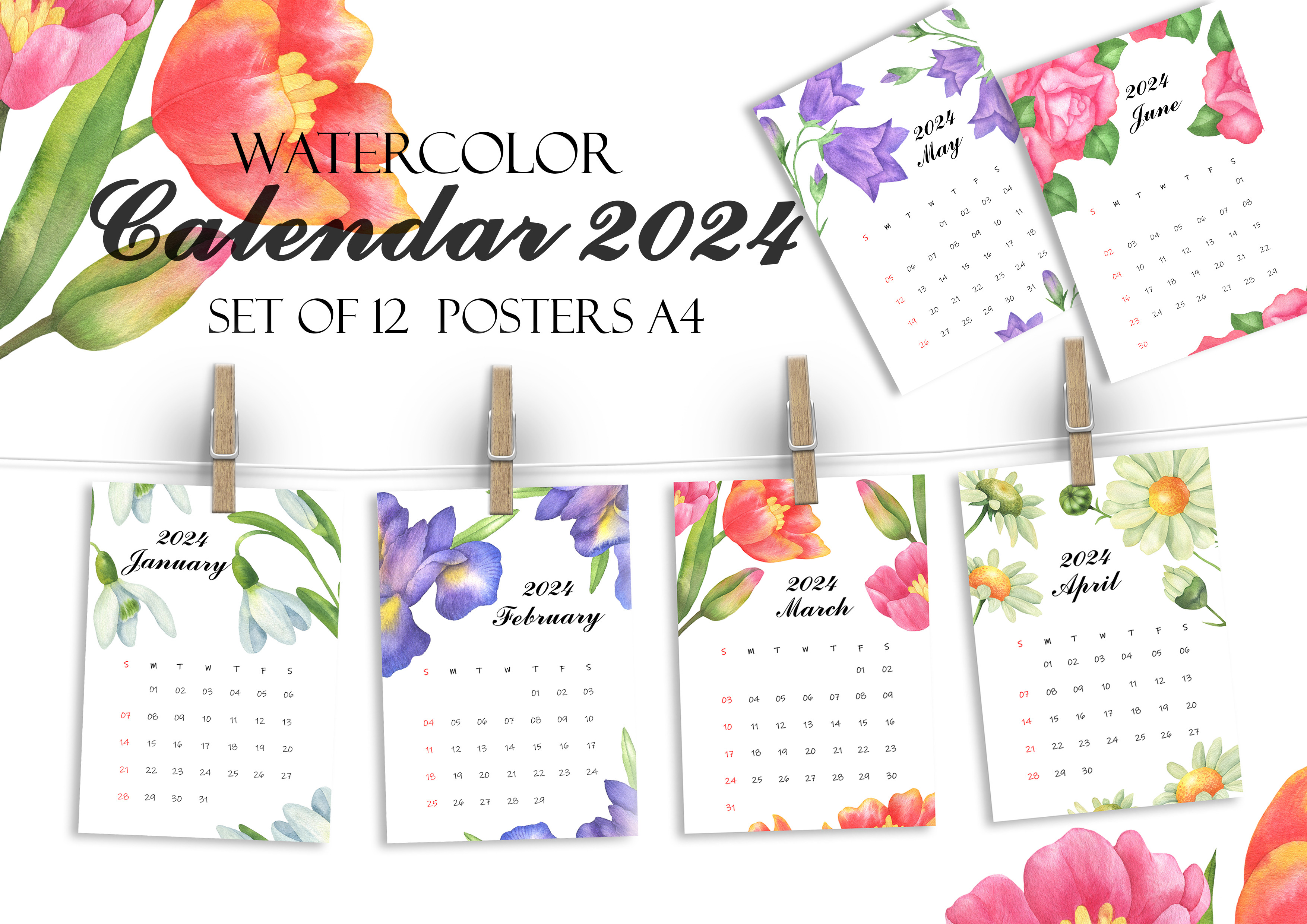 Watercolor Printable Calendar 2024, an Illustration by OlDm_Shop