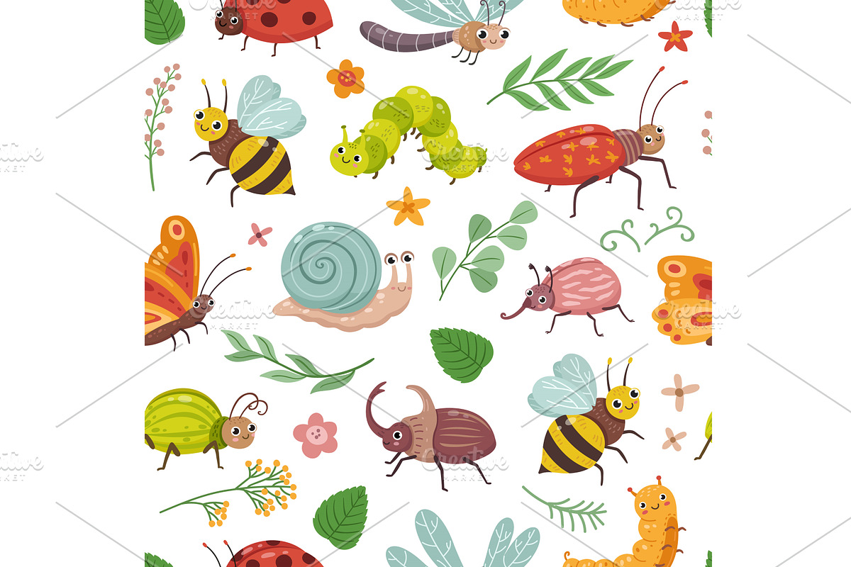 Insect seamless pattern. Cartoon, a Background Graphic by LadadikArt