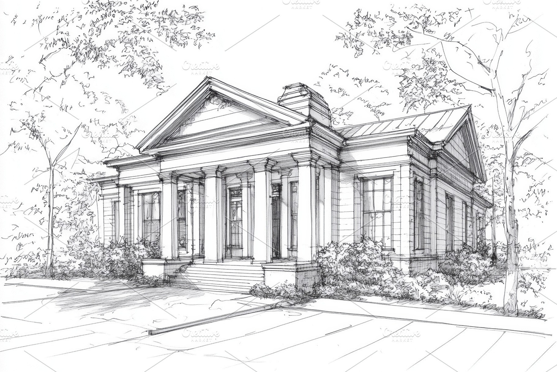 A Greek Revival house style detailed architectural sketch of a ...