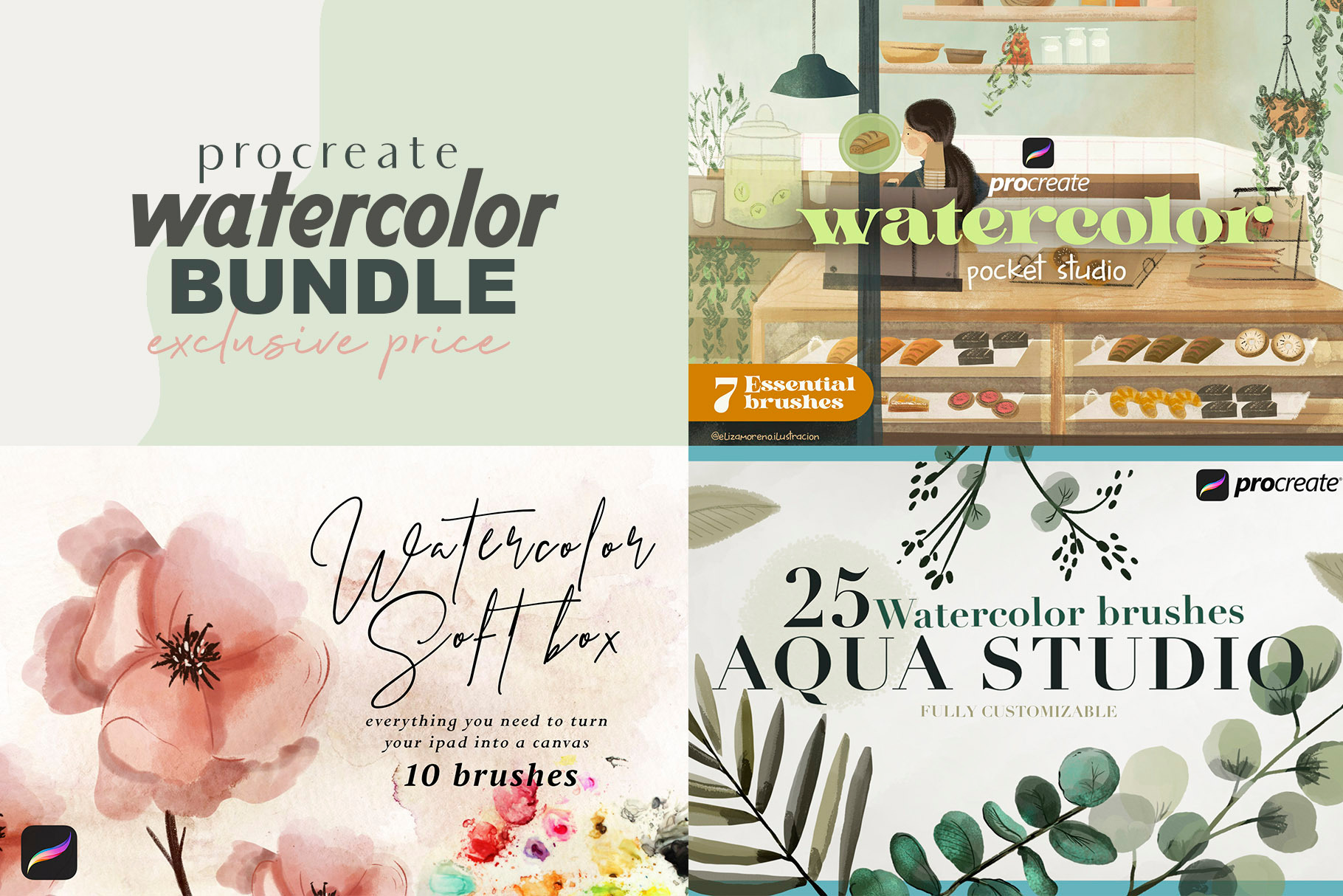 watercolor bundle for procreate, a Brush Add-On by Eliza Moreno ...