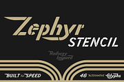 Zephyr Stencil, a Font by Doug Penick
