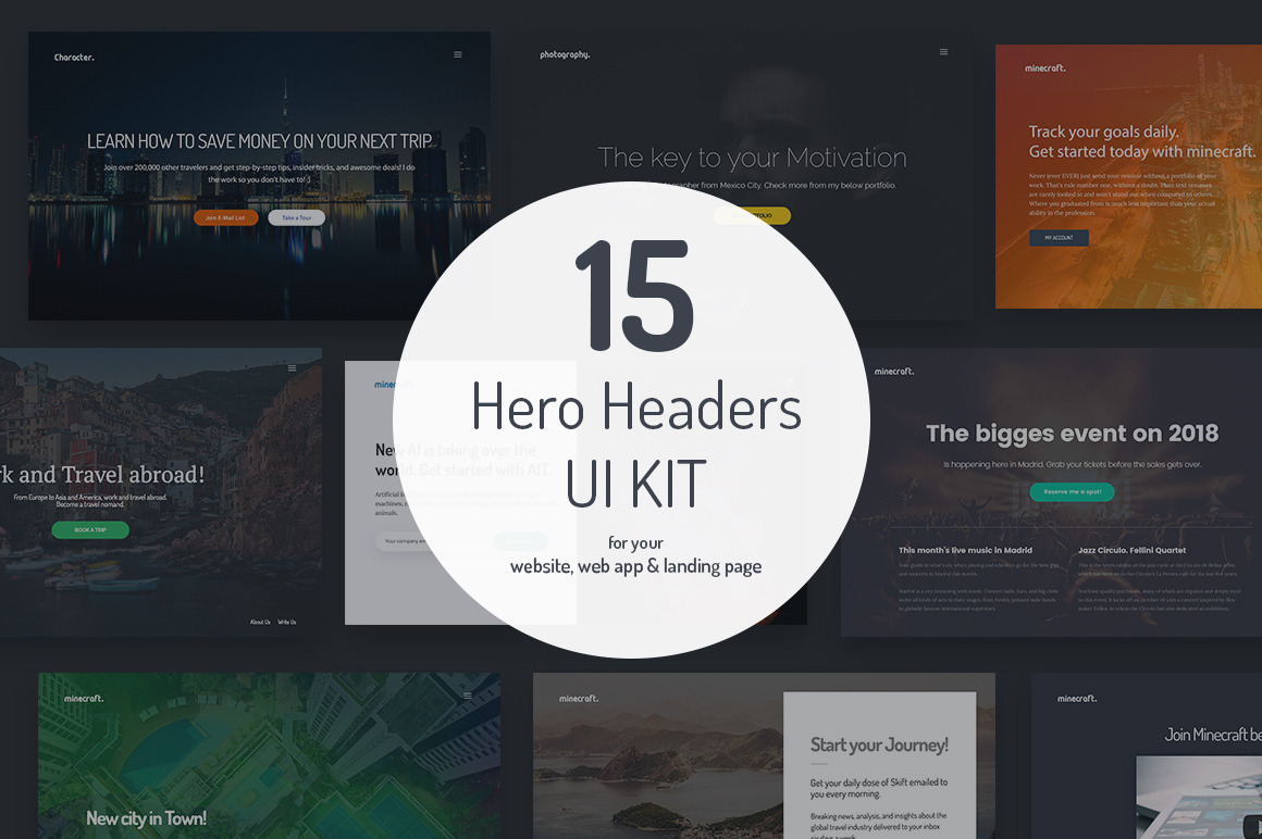 Minicraft - 15 Hero Headers UI Kit, an UI Kit Template by Character
