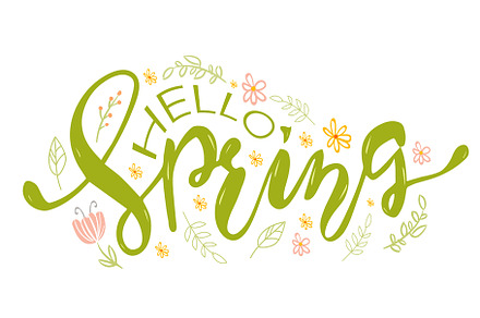 Green colored Hello Spring words, a Decorative Illustration by Valeria Art