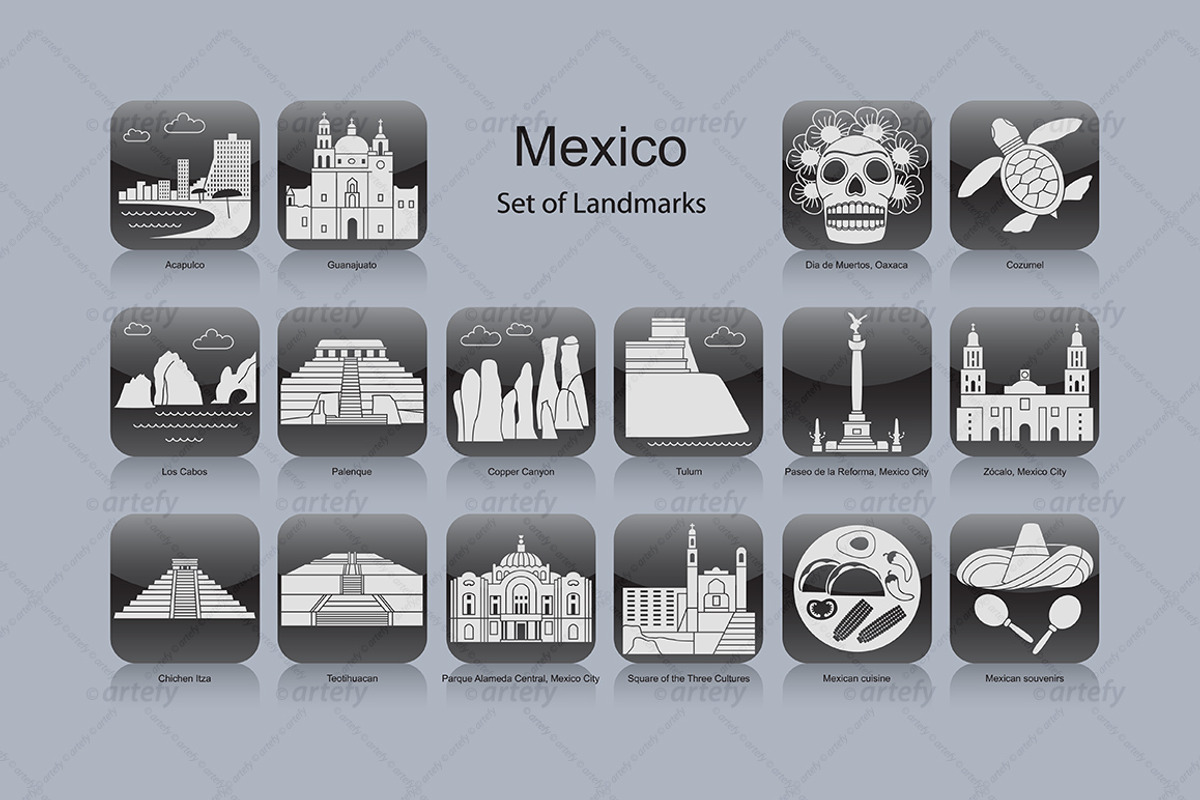 Mexico landmark icons (16x), an Icon by Artefy's Graphic Bar | Creative ...
