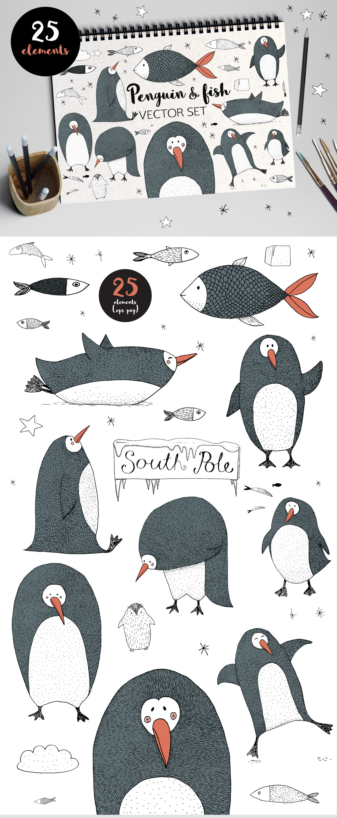Penguin and Fish VECTOR set, an Animal Illustration by Bibela